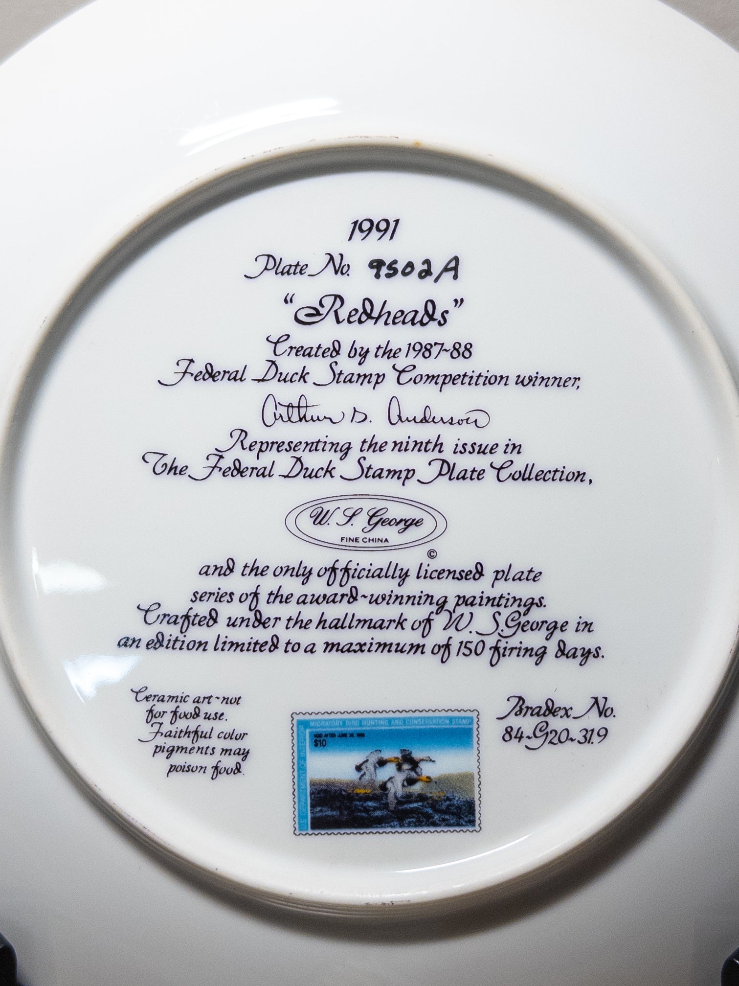 Redheads Federal Duck Stamp Plate 1991 Arthur D. Anderson W.S. George ...